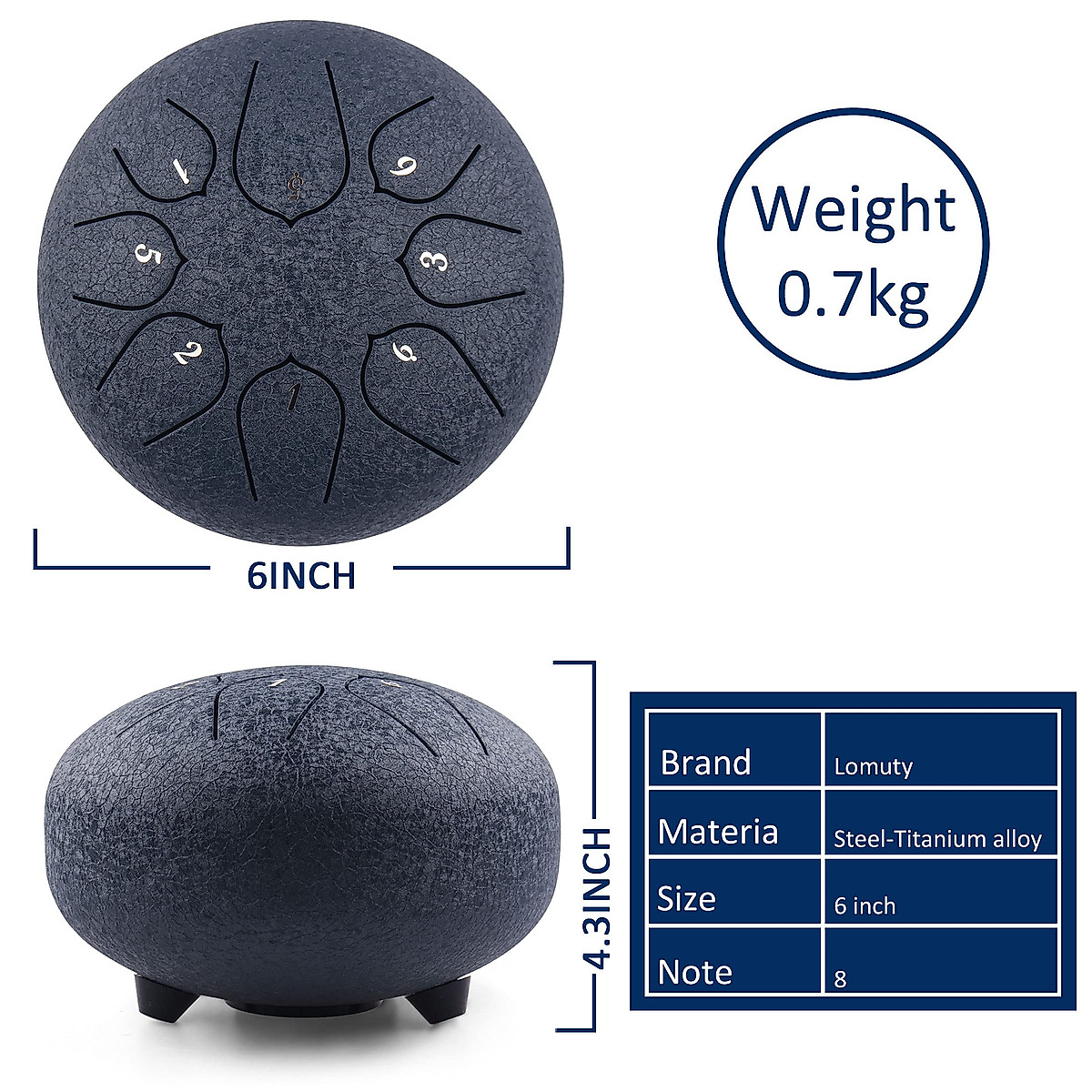 LOMUTY Steel Tongue Drum Rain Chime, 8 Notes 6 inch Rain Drum for Outside When It Rains, Chakra Drum with Bag, Mallets, Finger Picks, Percussion Instrument for Meditation Yoga Education (Navy)
