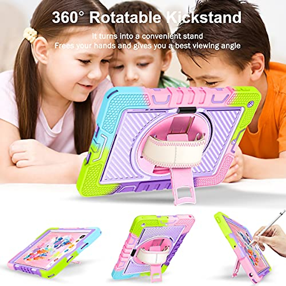 Hocase for iPad 6th/5th Generation Case, iPad 9.7 2018/2017 Case, with Pencil Holder, 360 Rotation Stand & Hand Strap, Rugged Shockproof Soft Silicone Hard Protective Case for Kids & Girls - Rainbow