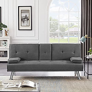 AWQM Modern Futon Sofa Bed Upholstered Convertible Folding Sofa Couch Sleeper for Compact Living Space, Apartment, Dorm,Removable Soft Armrest, 2 Cup Holders, 65.7" L x 18.5" D x 29.9" H, Dark Grey