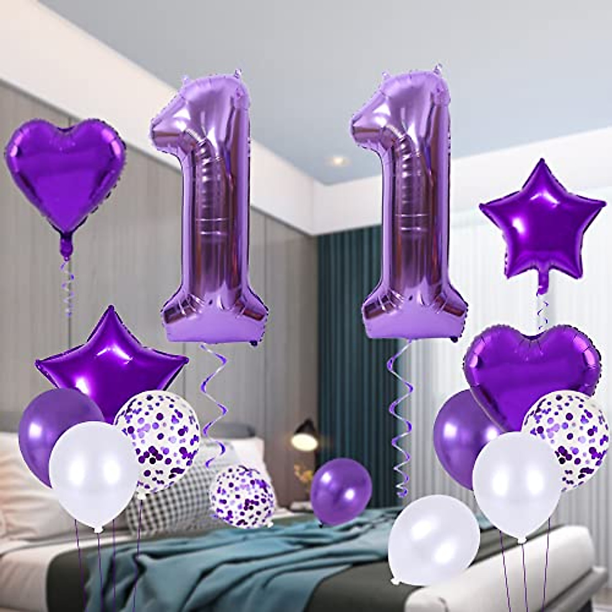 Maigendoo 11 Number Balloon Set Digit Balloons Latex Balloon Confetti Balloon Heart Star Moon Foil Mylar Balloon with Swirl Decorations for 11th Birthday Party Graduation Anniversary Event, Purple