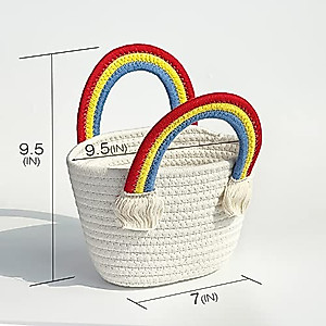 Rainbow Little Girl Basket Cute Mini Basket Small Handle Basket Girl's Handbag Basket 9.5 "*9.5" *5.5 "Fashion cotton basket with tassel Empty Gift Basket Handmade Pure cotton White Bohemian Style