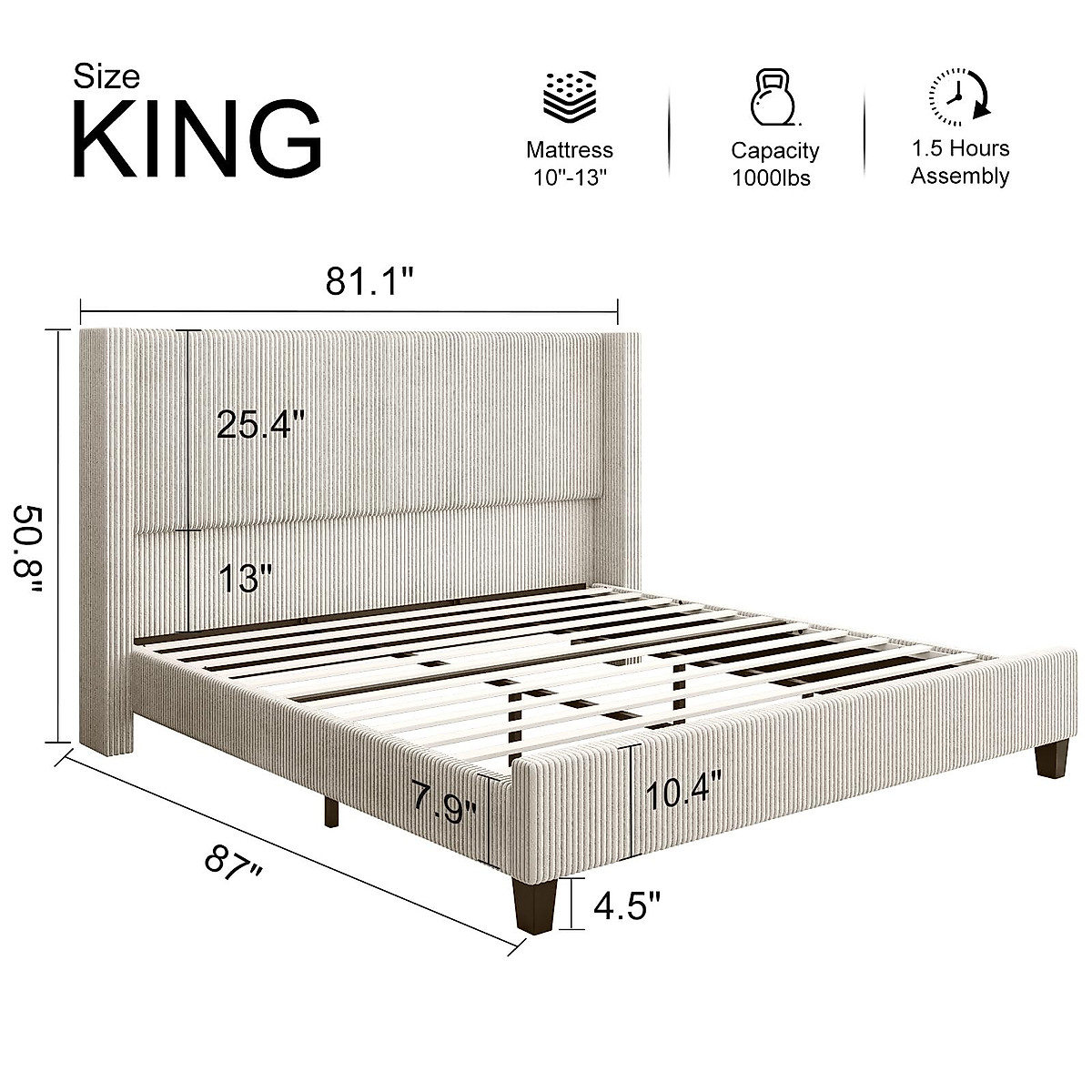 HOWE King Size Upholstered Platform Bed Frame, Wingback Bed with 50.8" Headboard, Corduroy/Solid Wood Leg/No Box Spring Needed/Noise Free/Cream