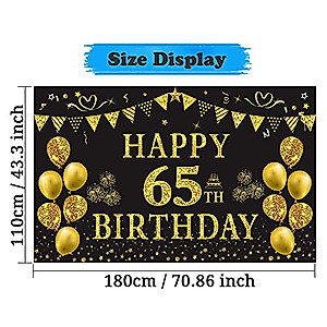 Trgowaul 65th Birthday Backdrop Gold and Black 5.9 X 3.6 Fts Happy Birthday Party Decorations Banner for Women Men Photography Supplies Background Happy Birthday Decoration