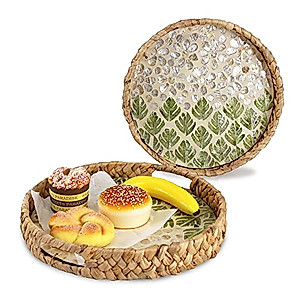 MadeTerra Round Seagrass Tray with Mother of Pearl Inlay Wooden Base Insert Handle, Decorative Nacre Serving Basket for Breakfast, Food, Coffee Table Decor, Decoration, Storage and Display (Set 2)
