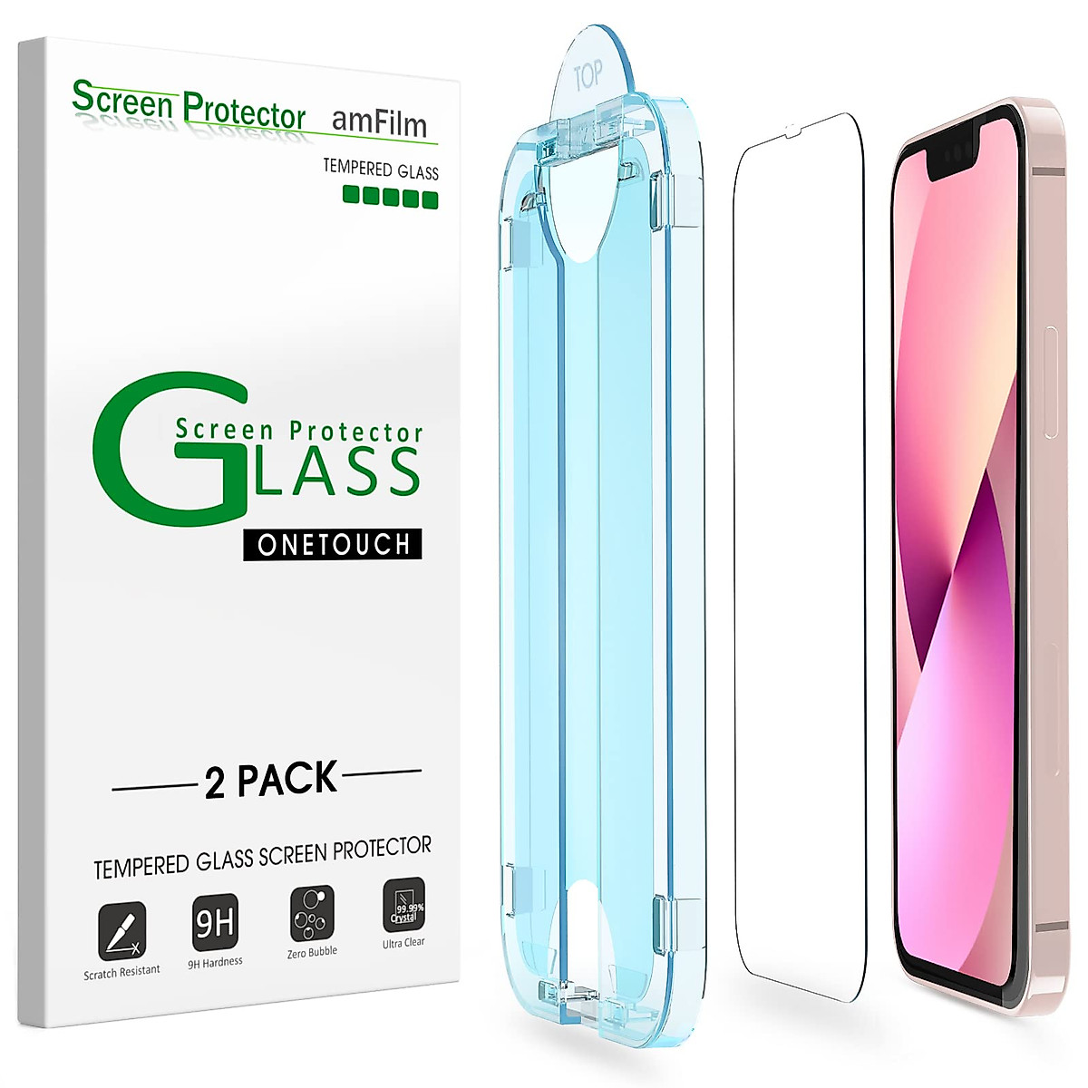 amFilm OneTouch Glass Screen Protector Compatible with iPhone 13 Mini 5.4" 2021 with Easy Installation Kit, Full Coverage Case Friendly, Tempered Glass, 2 Pack
