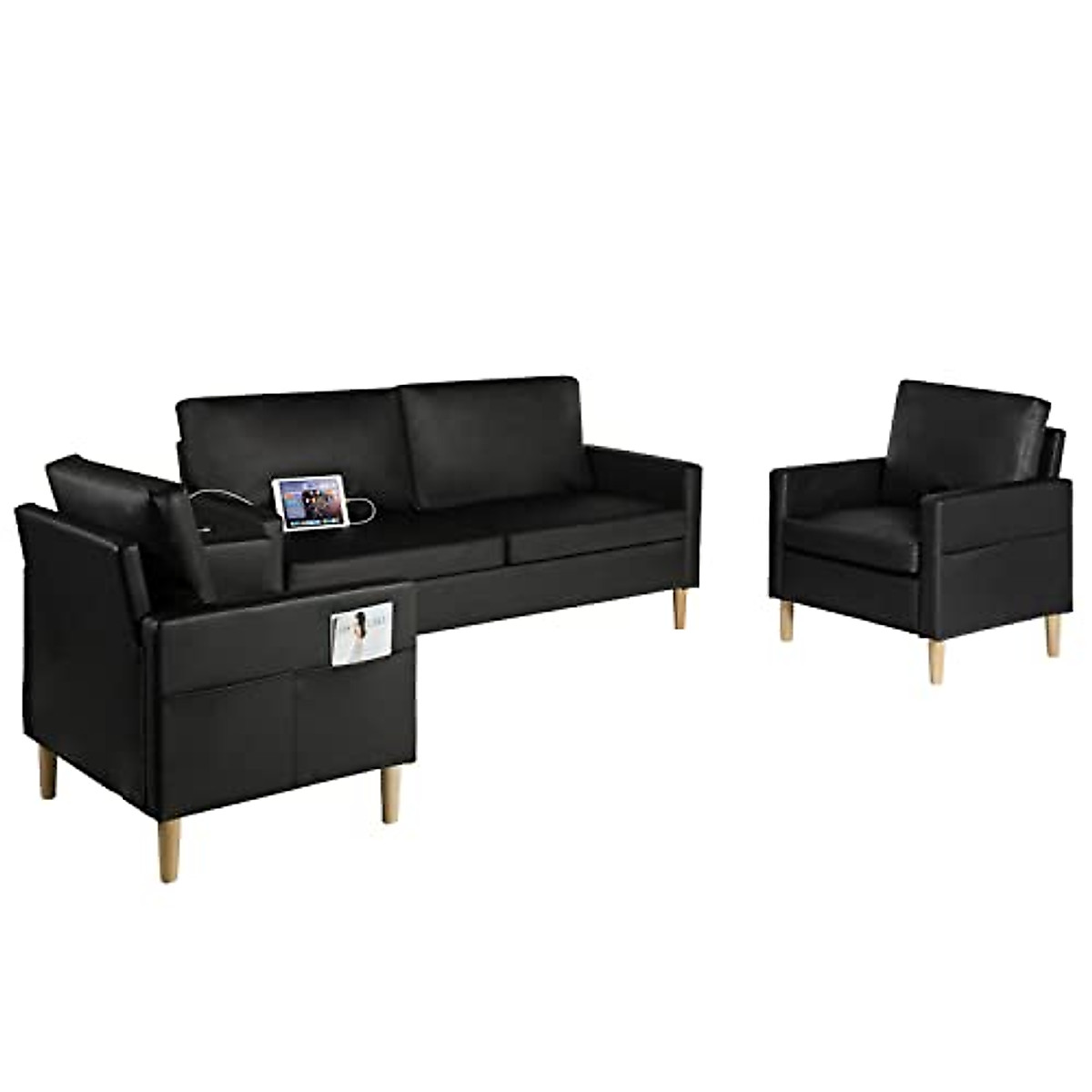 AILEEKISS Mid-Century Sectional Sofa Sets 3 Pieces Faux Leather Loveseat Couches with 2 USB Living Room Furniture Accent Arm Chairs for Small Space, Apartment, Office (1-Seater+1-Seater+3-Seater)