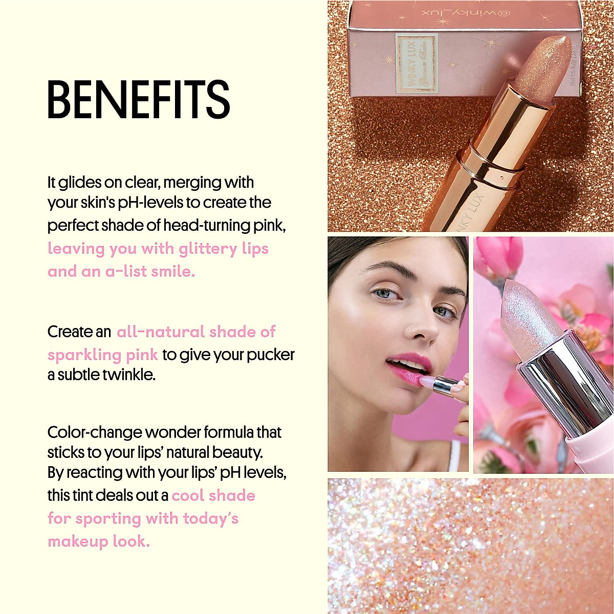 Winky Lux Glimmer Balm, pH Lip Balm, Color Changing Lipstick and Tinted Lip Balm, Vegan & Cruelty Free Lip Balm, Hydrate & Plump, Pink Shimmer Lipstick, Unicorn