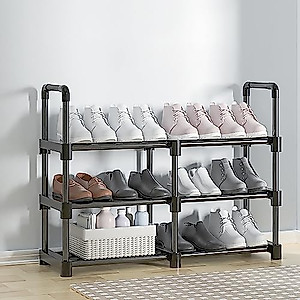 RightTech 3-Tier Shoe Rack, 90CM Long Adjustable & Stackable Metal Shoe Shelf Storage Organizer, Heavy Duty Metal Free Standing Shoe Rack for Entryway Closet Doorway, Black