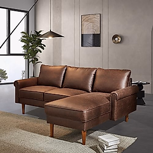 Weaxty 81.55" Sofa Couch, L Shaped Faux Leather Sectional with Chaise Suede Fabric Couch Sofas with Comfortable Cushions for Small Space Living Room Apartment, Right Chaise Dark Brown