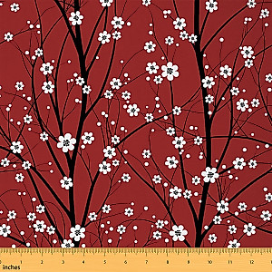 Cherry Blossoms Fabric by The Yard, Japanese Style Upholstery Fabric for Chairs,Chic Floral Decorative Waterproof Outdoor Fabric, Spring White Flower Branch Indoor Fabric, 1 Yard, Red Black