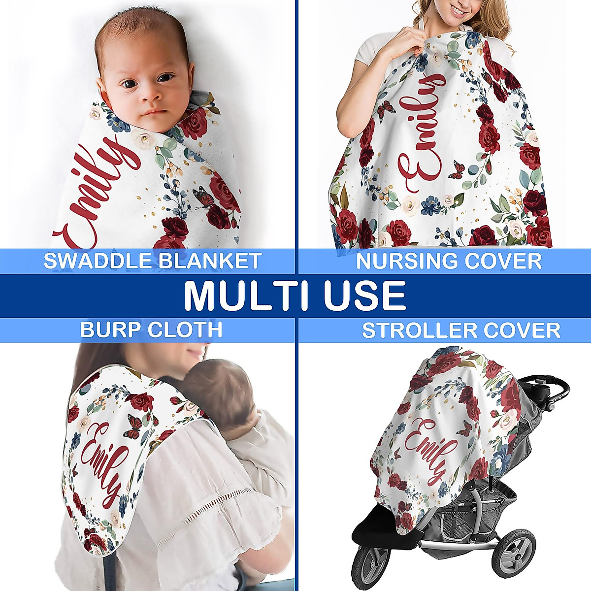 ZouZou Personalized Monogram Baby Blankets with Name, Customized Baby Blanket for Girls, Roses Baby Blanket, Best Gift for Baby, Newborn, New Mom, Super Soft Plush Fleece, 30 x 40 inch