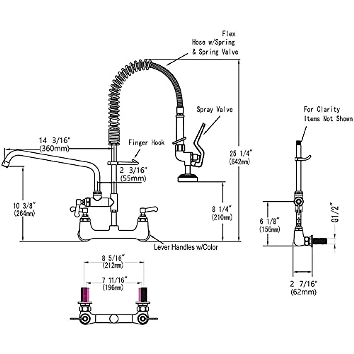 TCEUMIK Commercial Kitchen Sink Faucet with Pre-Rinse Sprayer 8 Inch Center 27" Height Wall-Mount Faucet with 12'' Add-on Swivel Spout for 1, 2, 3 Industrial/Restaurant Compartment Utility Sinks
