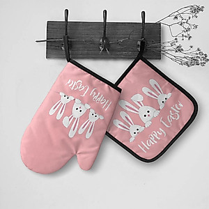 DRAYTSO Happy Easter Oven Mitts and Pot Holders Set, Spring Colorful Egg Heat Resistant Kitchen Set Oven Gloves Non-Slip Potholders for Cooking Baking Grilling Gifts Microwave Gloves Hot Pad, Black