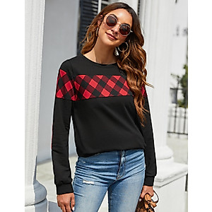Blooming Jelly Women's Color Block Plaid Shirt Crew Neck Elbow Patches Pullover Sweatshirt Christmas Top(M) Black