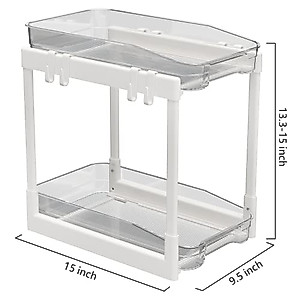 CAXXA 2 Tier Under Sink Cabinet Organizer Slide-Out Storage Drawer with Hooks for Kitchen, Bathroom,Vanity Counter (Clear)