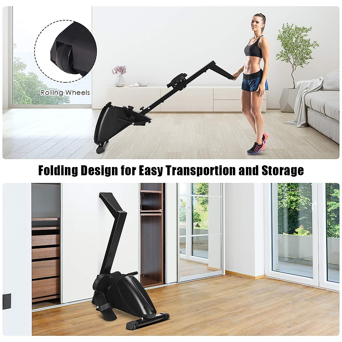 GYMAX Magnetic Rowing Machine, Foldable Rower with Digital Monitor & 10 Level Adjustable Resistance, Quiet Operated Fitness Rower for Home/Office/Apartment (Black)