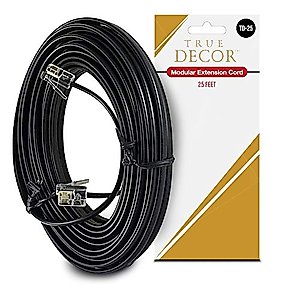 True Decor 25 Feet Black Phone Telephone Extension Cord Cable Wire with Standard RJ-11 Plugs