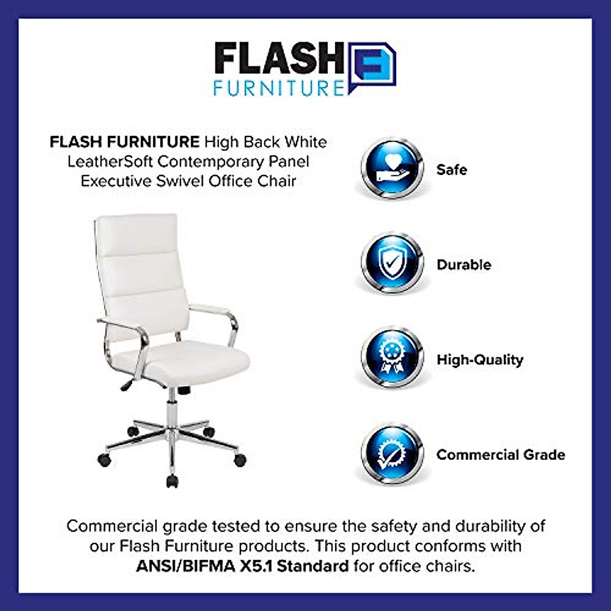 Flash Furniture Hansel High Back White LeatherSoft Contemporary Panel Executive Swivel Office Chair