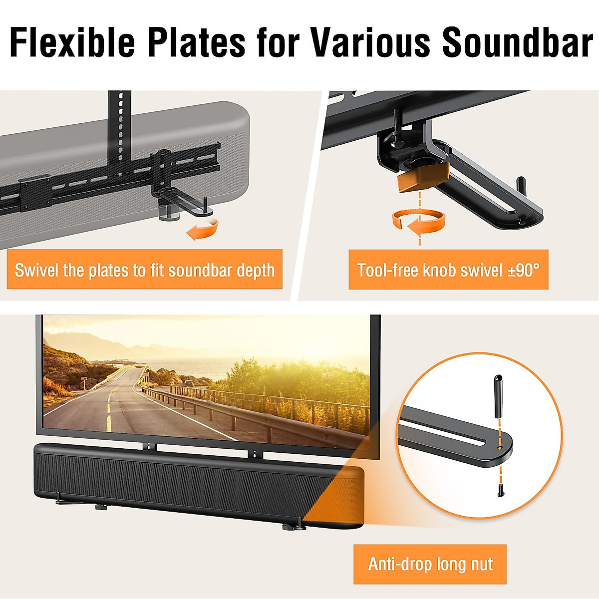 ELIVED Soundbar Mount Soundbar Mounting Bracket Under TV for Soundbar with/Without Holes, Sound Bar TV Bracket with 6.5" Holders Swivel to fit Various Soundbar, 17.7" Vertical Bracket, 15 Lbs. YD5011