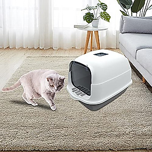 Milageto Large Cat Litter Box with Lid Enclosed and Covered with Door Easily to Clean Prevent Smell Litter Pan Heightened Fence Toilet Cat Toilet, Gray Bottom