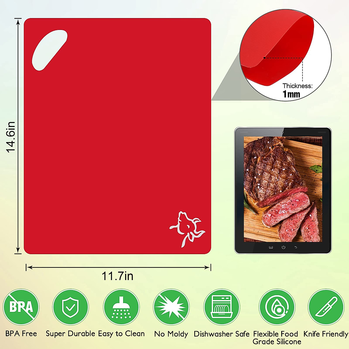 Flexible Plastic Cutting Board Mats, Set of 6 Colorful Chopping Boards, Cutting Boards for Kitchen Dishwasher Safe, Cutting Mat For Cooking with Food Icons Kitchen Gifts for Women, BPA Free, Non-slip