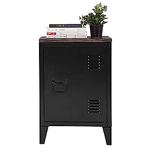 FurnitureR Metal Locker Storage Nightstand for Boy Teens Bedroom with Wood Top/Door 2 Tier Shelves Removable
