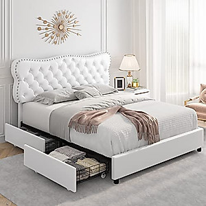 HOSTACK Full Bed Frame with 4 Storage Drawers, Upholstered Platform Bed Frame with Button Tufted Headboard, Heavy Duty Mattress Foundation with Wooden Slats, No Box Spring Needed (White, Full)