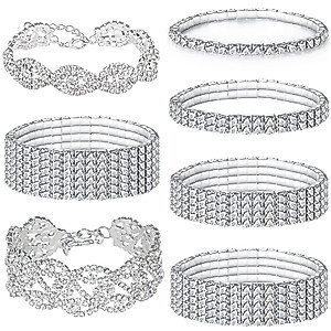 Jewdreamer 7PCS Rhinestone Bracelets for Women Cubic Zirconia Tennis Stretch Bracelet Bangle Bling Bikini Crystal Bracelet Sliver Sparkly Bridal Wedding Jewelry Bracelet Set