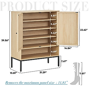 Brafab Shoe Storage Cabinet with Adjustable Shelf, 5 Tier Shoe Organizer with Natural Woven Rattan Doors, Shoe Rack with Opening Shelf for Hallway Entryway Living Room (Oak)