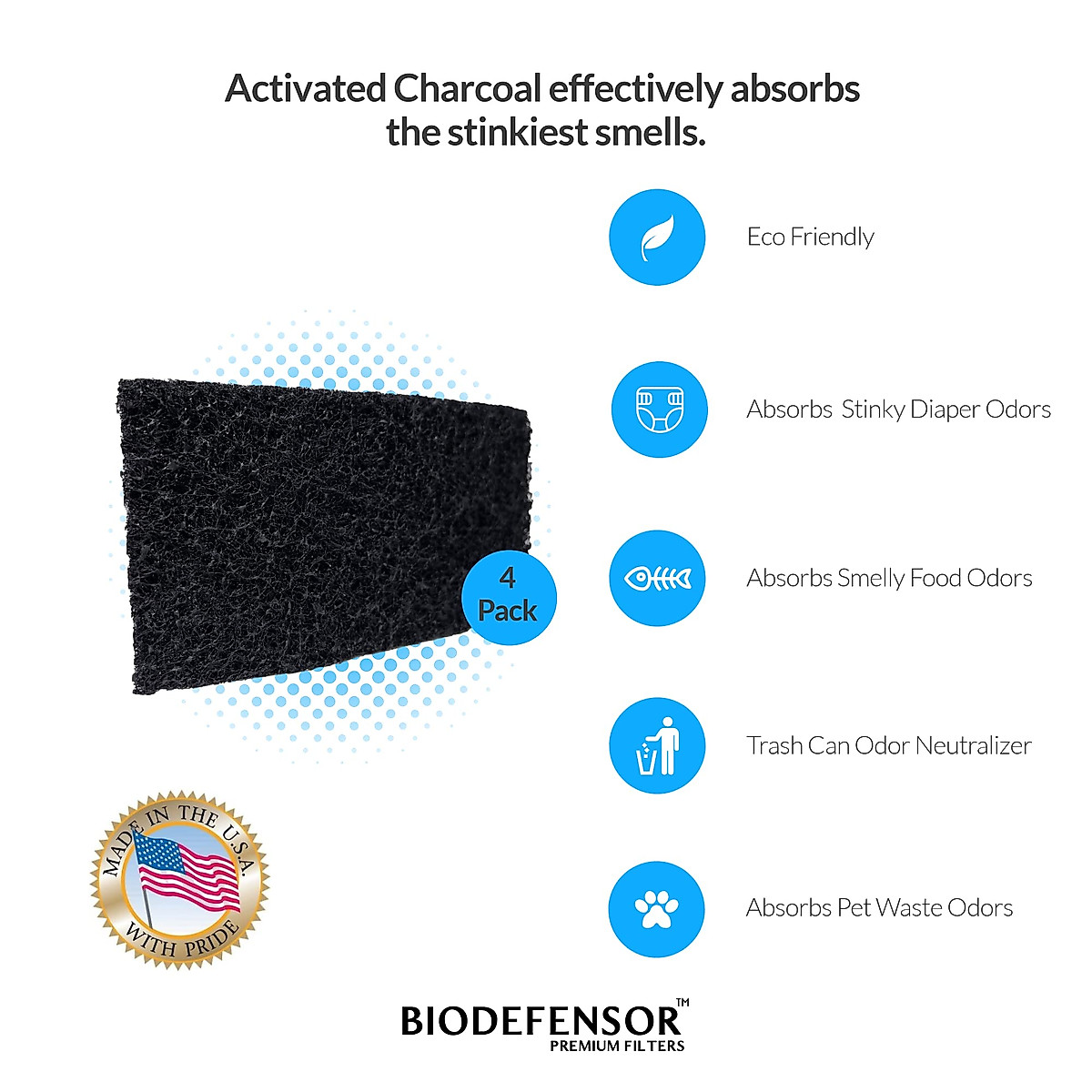 Biodefensor Carbon Odor Filter Compatible with Itouchless Trash Cans - Made in USA - Absorbs Odors, Stink, Diaper Smells & Garbage Deodorizer Eliminator, 4-Pack