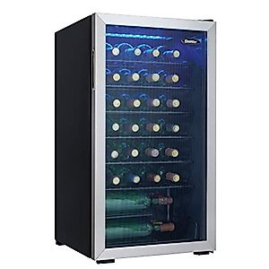 Danby DWC036A1BSSDB-6 3.3 Cu. Ft. Free Standing Wine Cooler, Holds 36 Bottles, Single Zone Fridge with Glass Door-Chiller for Kitchen, Home Bar, Stainless Steel