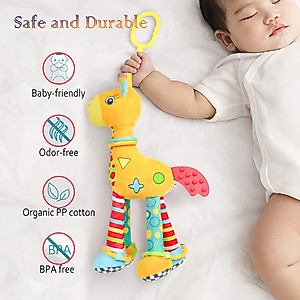 KAKIBLIN Baby Car Seat Toy, Baby Stroller Toys, Soft Hanging Rattle Baby Toy Teething Stuffed Toy, Animal Plush Wind Chime with Teether and C-Clip Ring for Infant(Yellow)