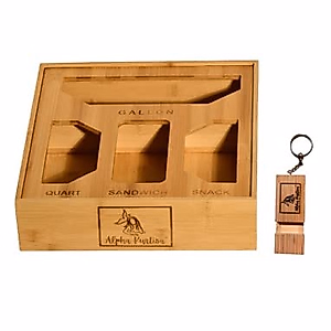 Alpha Kurtisa Bamboo Ziplock Bag Organizer for Kitchen-Walls-Drawers-Can fit Ziplock bags like Gallon-Snack-Sandwich-Quart. Includes Keyholder with Cellphone stand (Natural)