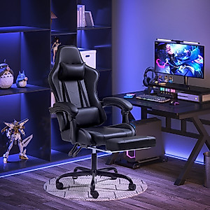 Shahoo Gaming Chair with Footrest and Massage Lumbar Support, Video Racing Seat Height Adjustable with 360°Swivel and Headrest for Office or Bedroom, Black