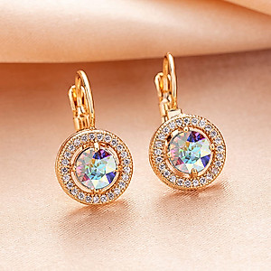 Austrian Crystal Halo Round Drop Leverback Earrings for Women 14K Rose Gold Plated Hypoallergenic Jewelry (Aurora Borealis)