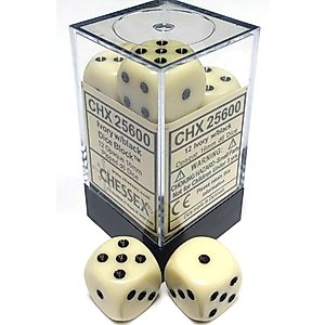 Chessex Dice d6 Set: Opaque Ivory with Black - 16mm Six Sided Die (12) Block of Dice
