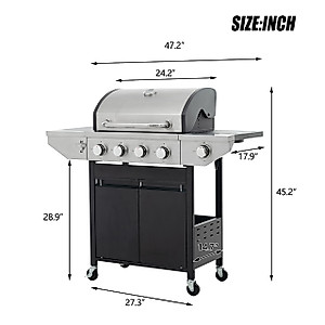 HESIEU Propane Grill 4 Burner Grill Stainless Steel Gas Grill with Side Burner and Thermometer One Touch Electronic Ignition System with Four Wheels for Outdoor BBQ, Camping