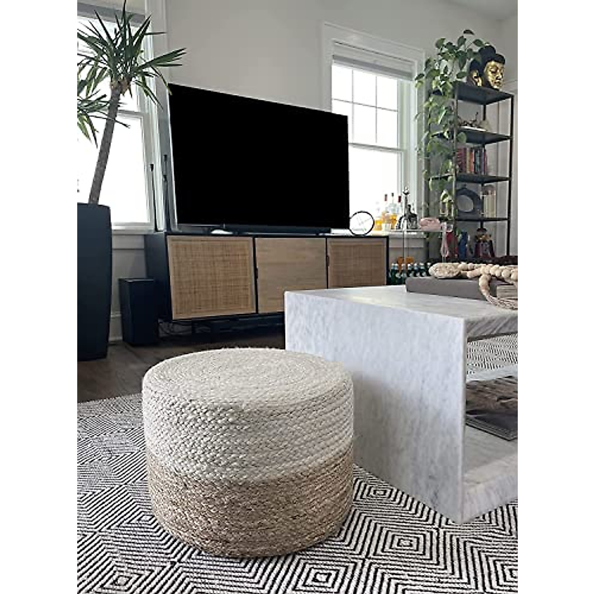 S & L Homes Pouf Ottoman - 100% Jute Braided Footrest Pouf Hand Knitted Traditional Cord Boho Pouffe for Living Room, Bedroom, Nursery, Patio, Lounge Colorblock - Natural Ivory (20”x20”x10”)