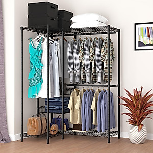Xiofio Heavy Duty Clothes Rack,Multi-Functional Clothing Rack Freestanding Bedroom Garment Rack for Hanging Clothes,Adjustable Shelf and Fixed Baskets,55" L x 15.7" W x 75" H Max Load 800LBS,Black