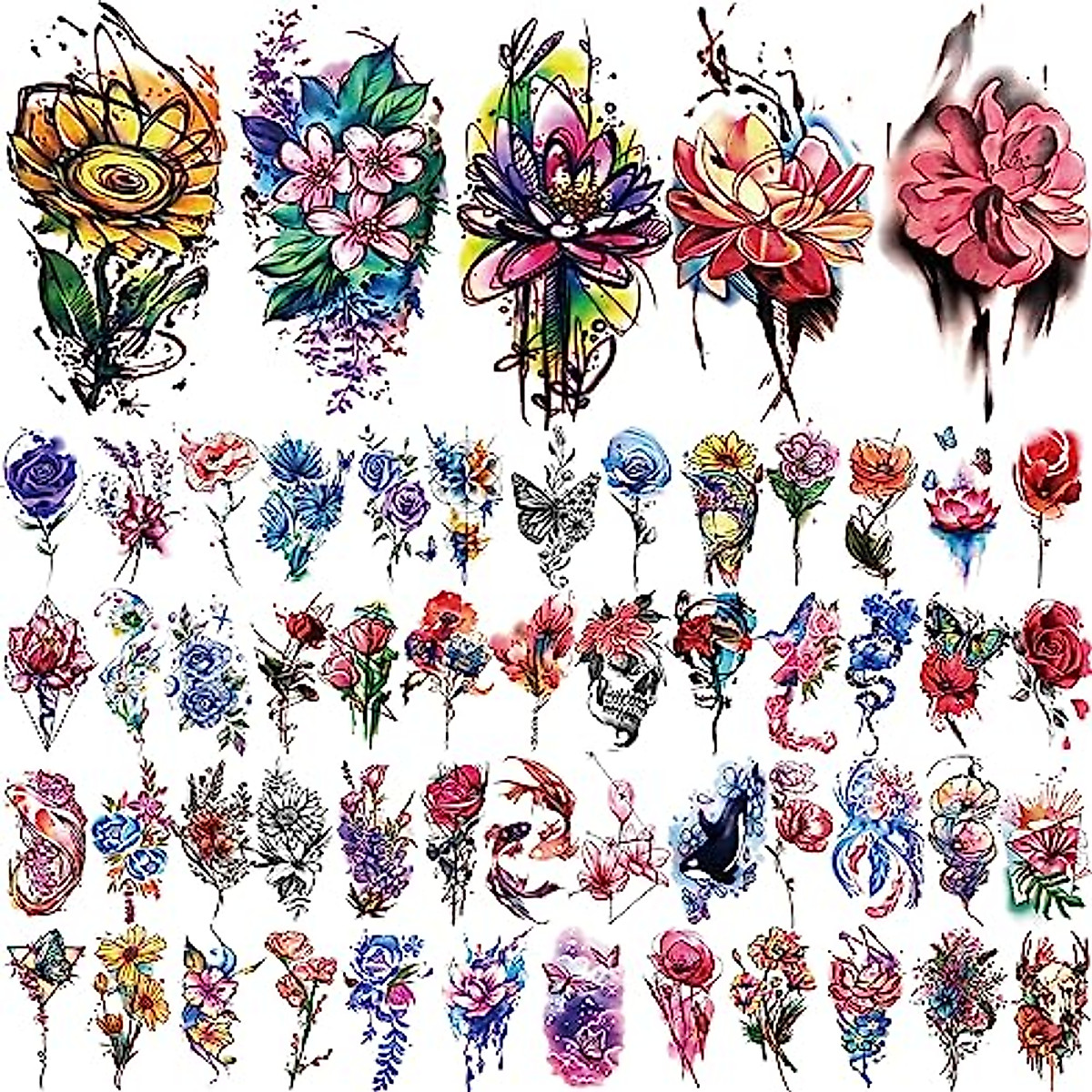 77 Sheets Temporary Tattoo, 17 Sheets Half Arm Flower Rose Skull Butterfly Snake Fake Tattoos for Adults, 60 Sheets Tiny Waterproof Temporary Tattoos Body Art Sticker Realistic for Women Girls or Kids