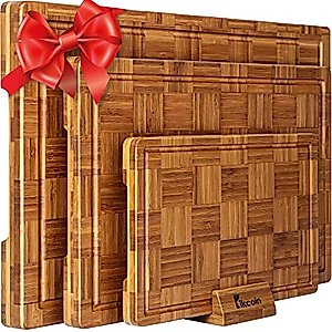 Extra Large Bamboo Cutting Boards, (Set of 3) Chopping Boards with Juice Groove Bamboo Wood Cutting Board Set Butcher Block for Kitchen, End Grain Serving Tray by Kikcoin