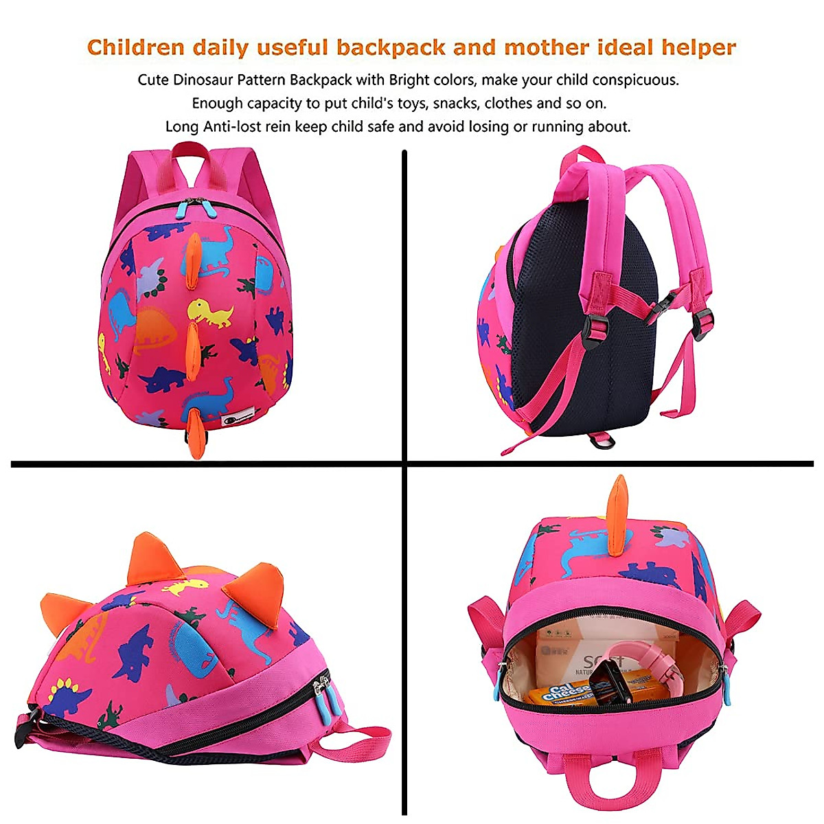 DB Dinosaur Toddler Mini Backpack with Leash, Children Kids Baby Harness Bookbag (Rose Pink)