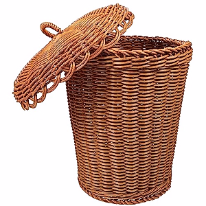 OUNONA Woven Storage Baskets with Lid: Round Wicker Waste Paper Basket Wastebasket Garbage Bin Trash Can for Bedroom Bathroom Kitchen Home Office