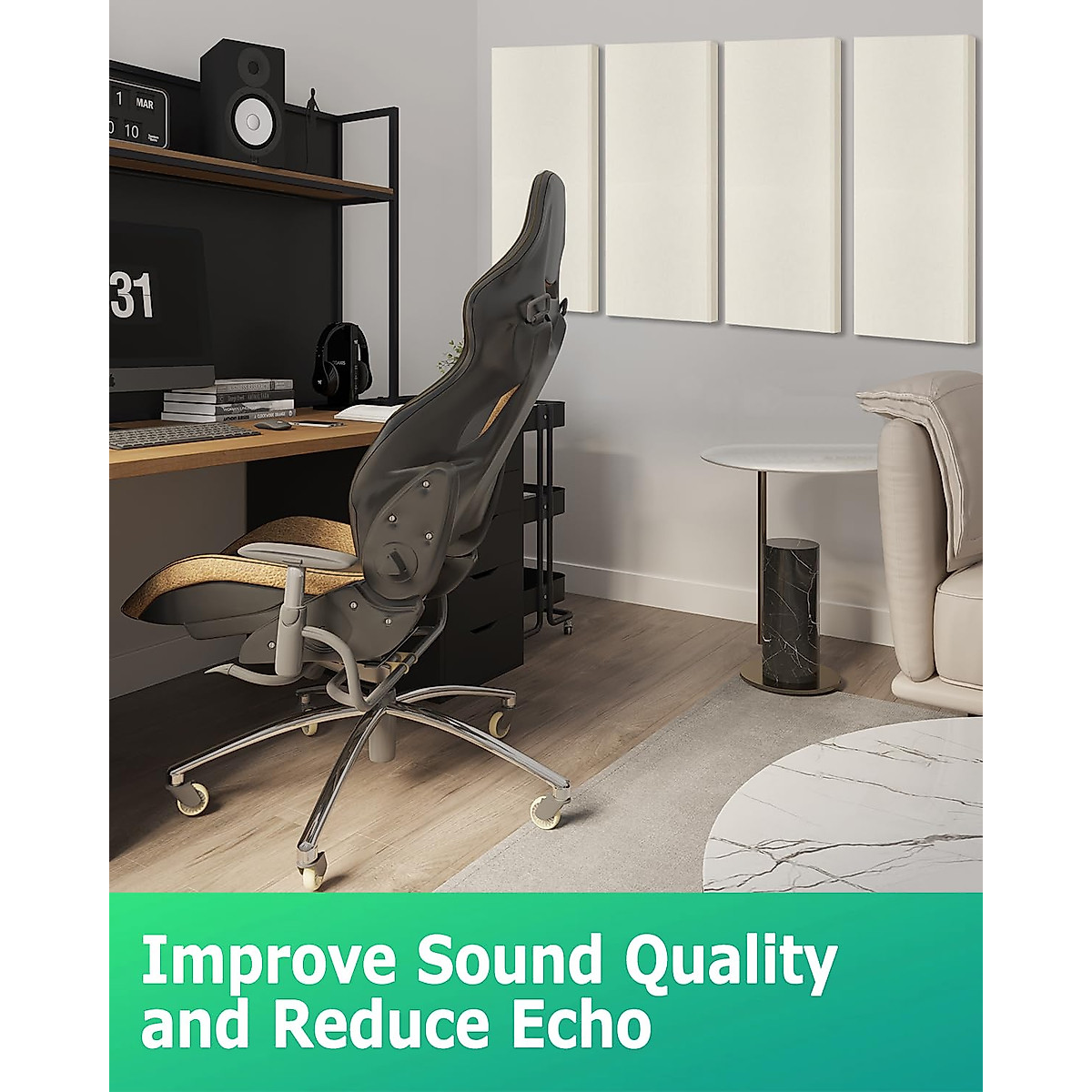 BUBOS Acoustic Panels,4 Pack 24''x12'' Fabric Wrapped Panel Soundproof Wall Panels,Self-adhesive Sound Absorbing Panels for Studios, Office, Home Theater,Beige