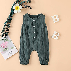 Arleysh Newborn Baby Girl Romper Jumpsuit Cotton Linen Sleeveless Ruffled Bodysuit Infant Summer Clothes Outfits (Green, 0-3 Months)