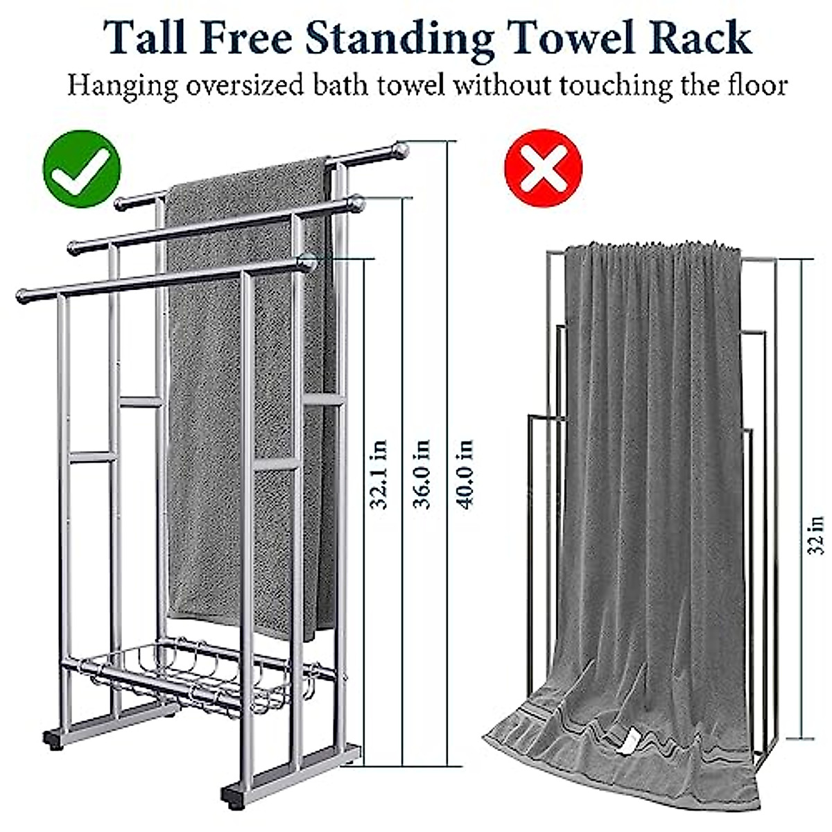 40" Tall Freestanding Towel Racks for Bathroom, 3 Tier Floor Towel Rack with Storage Basket, Blanket Ladder Drying and Display Rack for Large Bath Towel & Hand Towel Outdoor Poolside (Silver)