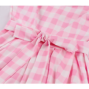 Nihsatin Barbie Pink Swing Dress Tie Shoulder Plaid Printed Knot Waist Dress