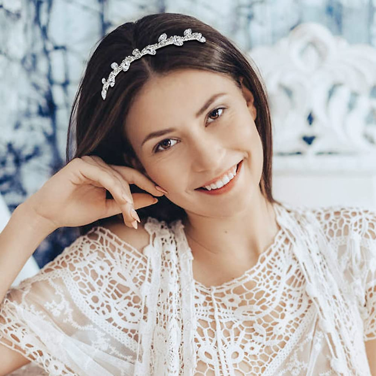 Lawie 8 Pack Sparkly Rhinestone Pearl Silver Metal Headbands,Double Slim Skinny Wire Hair Bands,Decorative Cross Hair Bands Accessories,Crown Tiara Hair Holder Fancy Hairbands for Women Girls