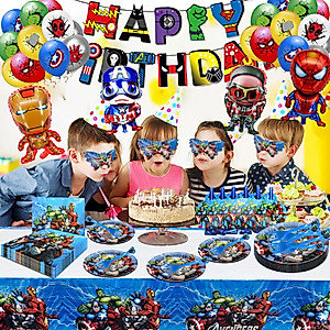 Superhero Party Decorations, Superhero Birthday Party Supplies, Superhero Blue Theme Decorations - Includes Superhero Plates and Napkins, Tablecloths, Banners, Balloons, Stickers.-189 Pcs