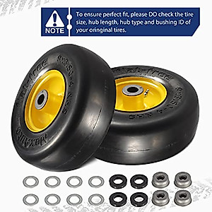 MaxAuto 2PCS 9x3.50-4" Flat Free Lawnmower Tire on Wheel, 3.5" Centered Hub, 3/4" Bushings(Universal Adapter Kit Include: 2pcs 5/8" Sintered Iron Bushings, 2pcs 1/4" Nylon Spacers, 4pcs Steel Washers)